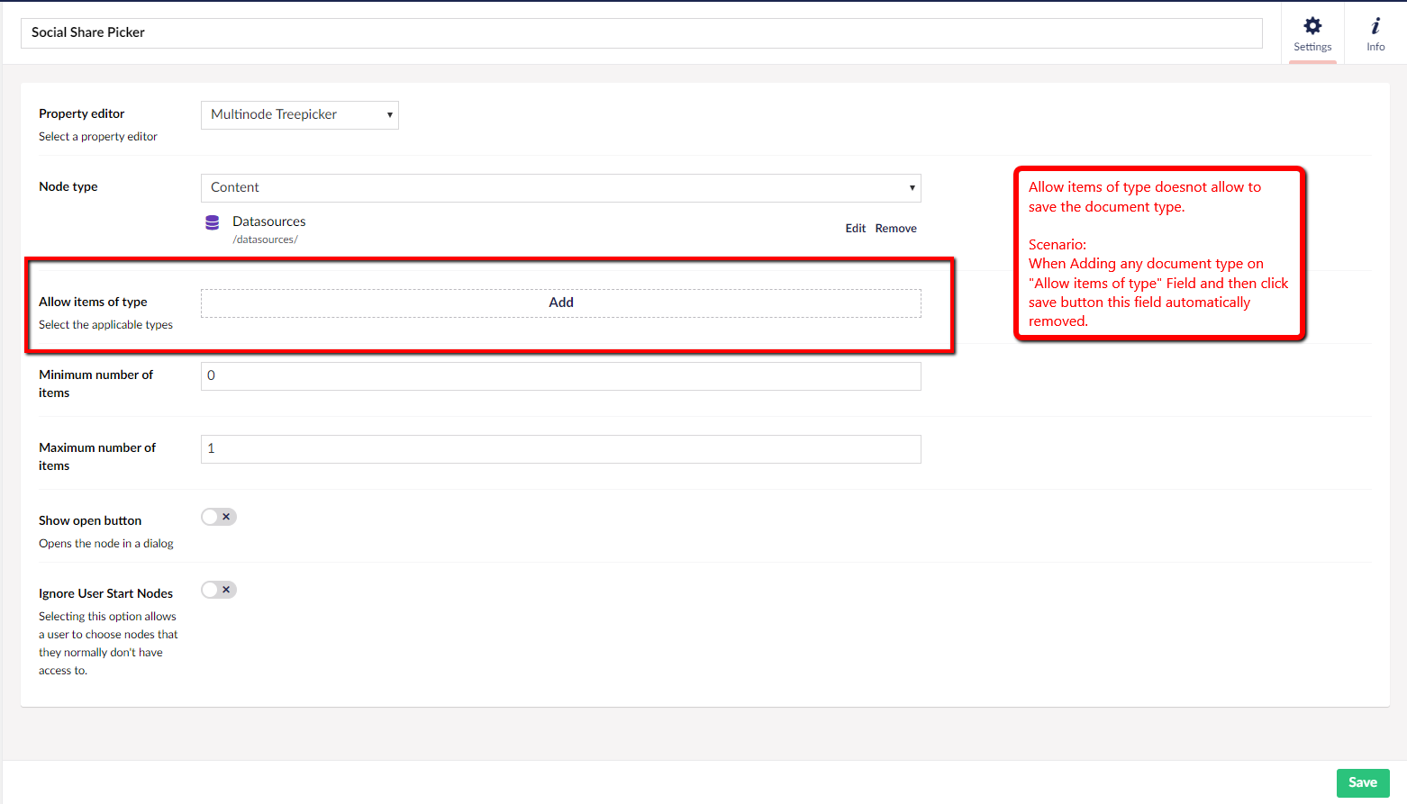 unable to save document type for multinode treepicker in allow items of type field
